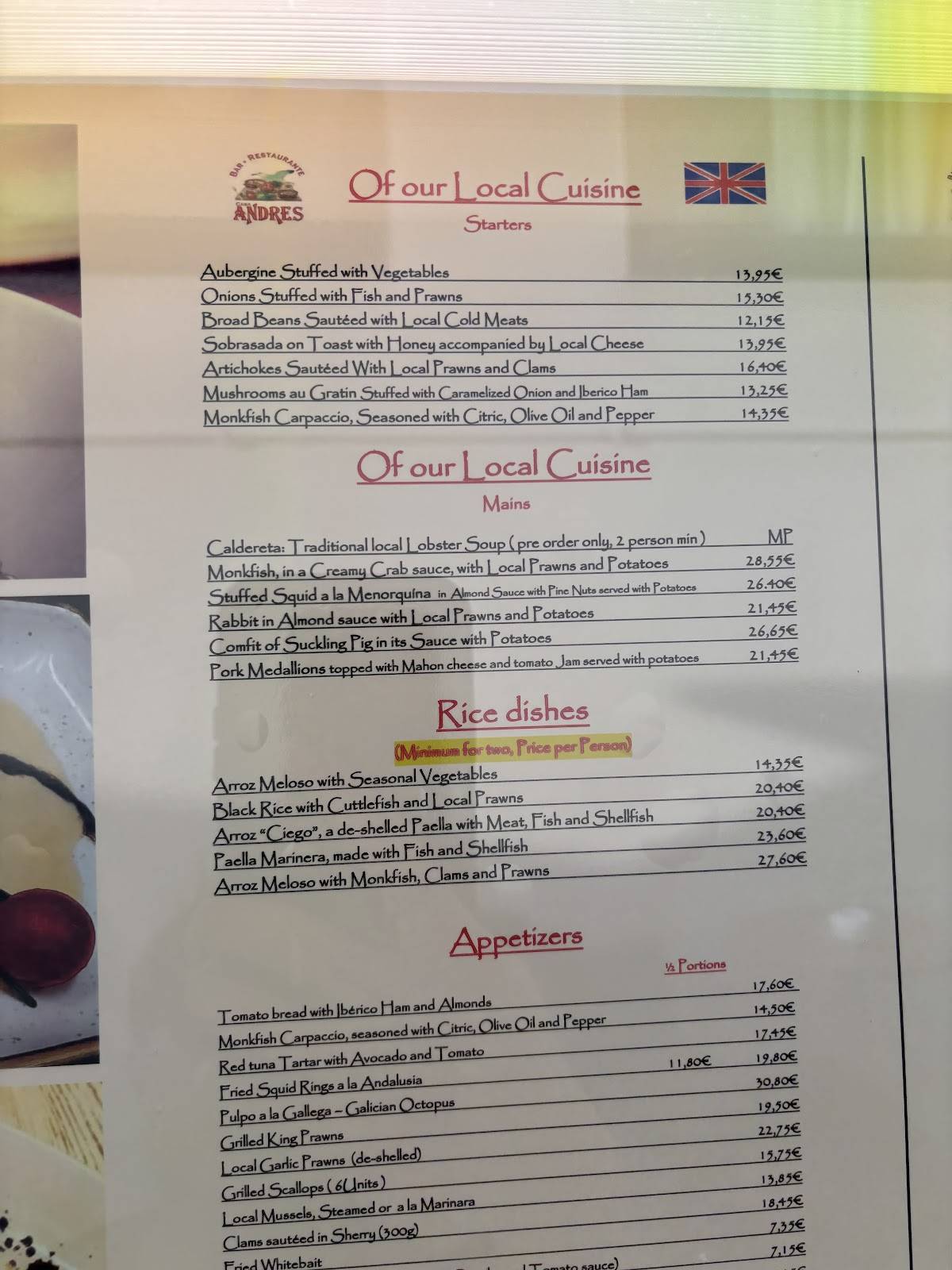 Menu at Casa Andres restaurant, Son Bou