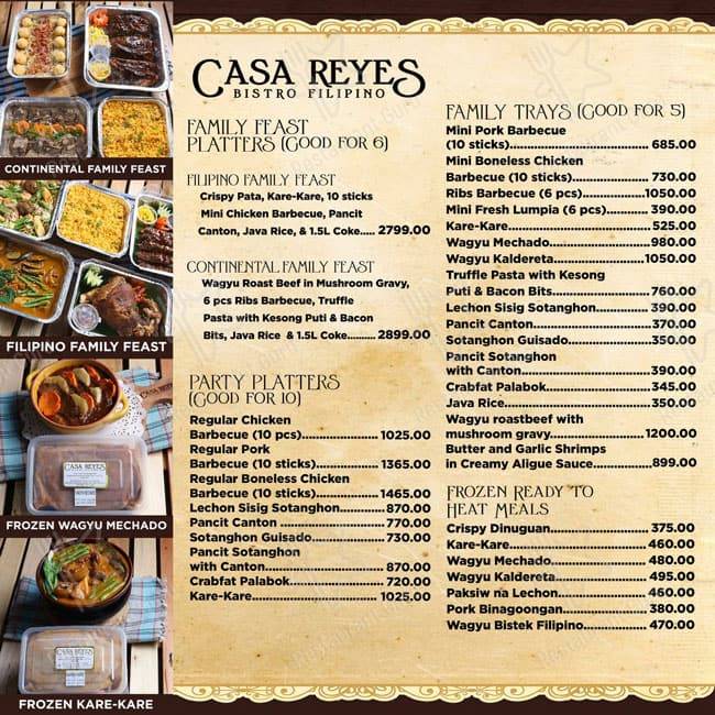 Menu at Casa Reyes Bistro Filipino restaurant, San Juan, Greenhills