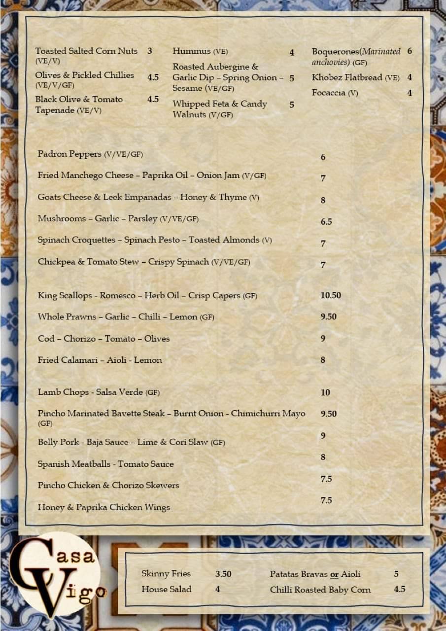 Menu at Casa Vigo restaurant, Barnsley