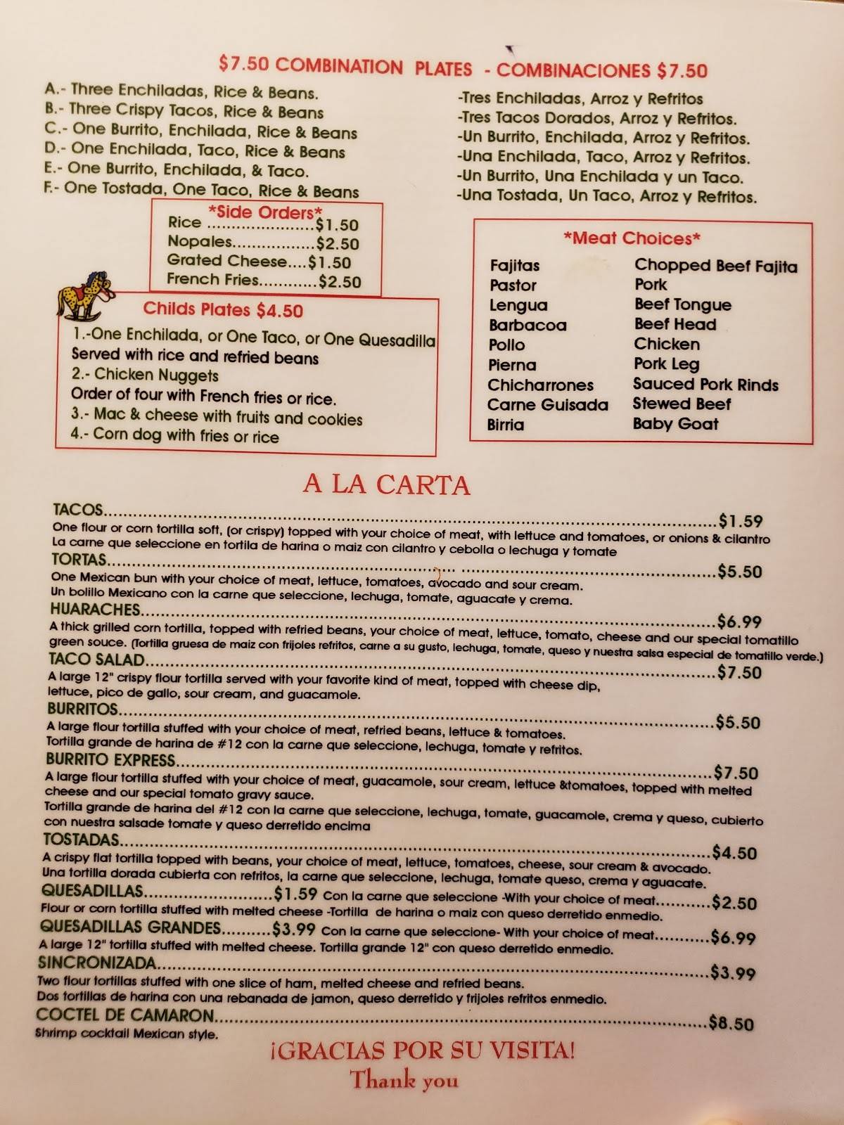 Menu at Casa de Leon restaurant, Houston, Long Point Rd