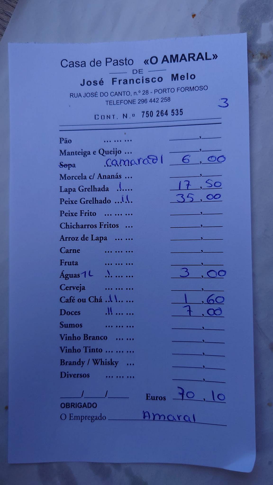 Menu at Casa de Pasto - o Amaral restaurant, Porto Formoso