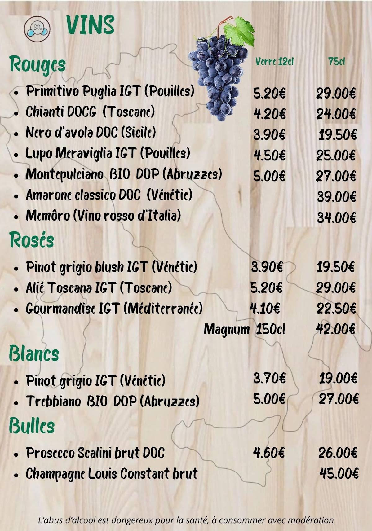 Menu au Casa puglia restaurant, Chartres-de-Bretagne