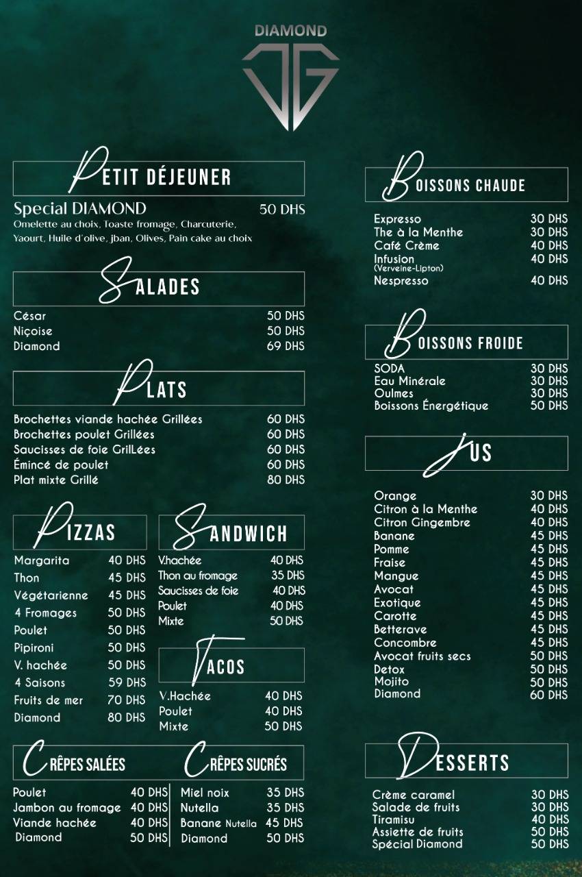 Menu au Diamond Lounge pub et bar, Casablanca
