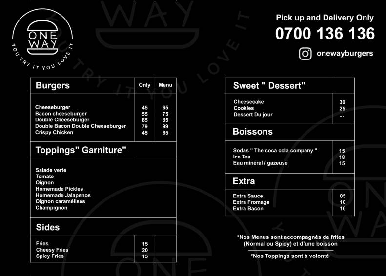 Menu at One Way Steakhouse, Casablanca