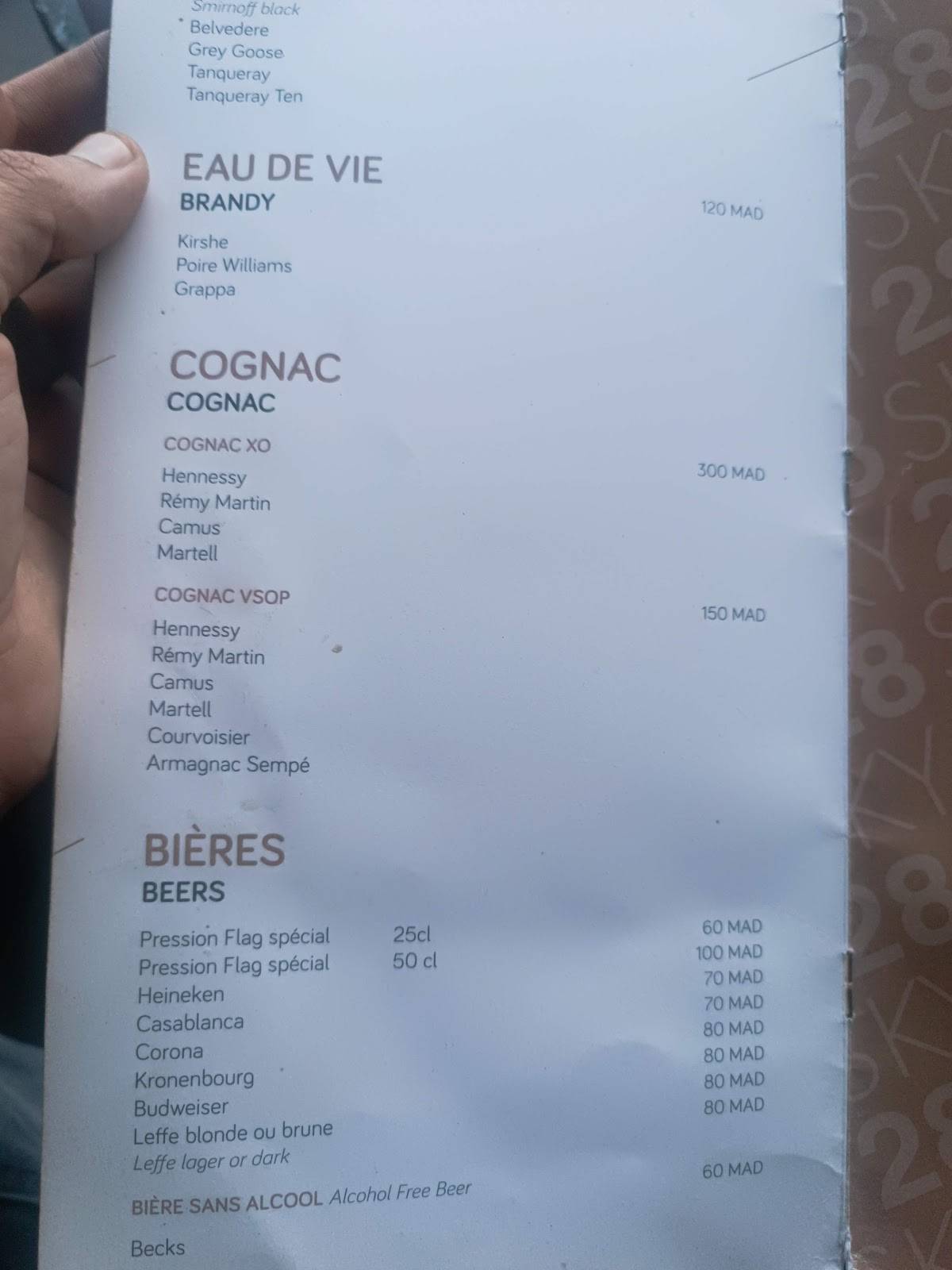 Menu at Sky 28 pub & bar, Casablanca