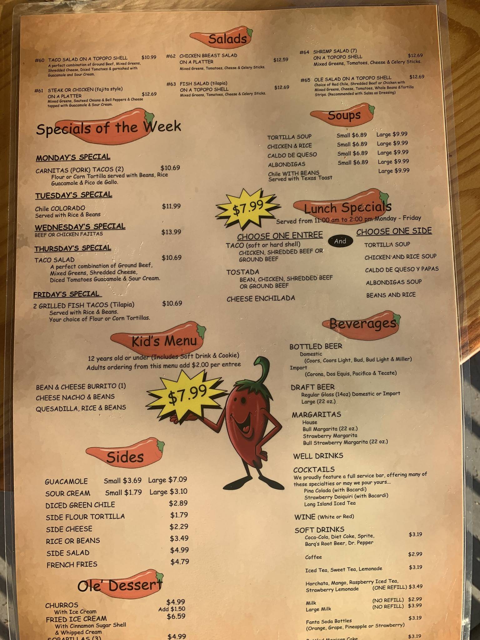 Menu at Ole' Mexican Grill restaurant, Tucson