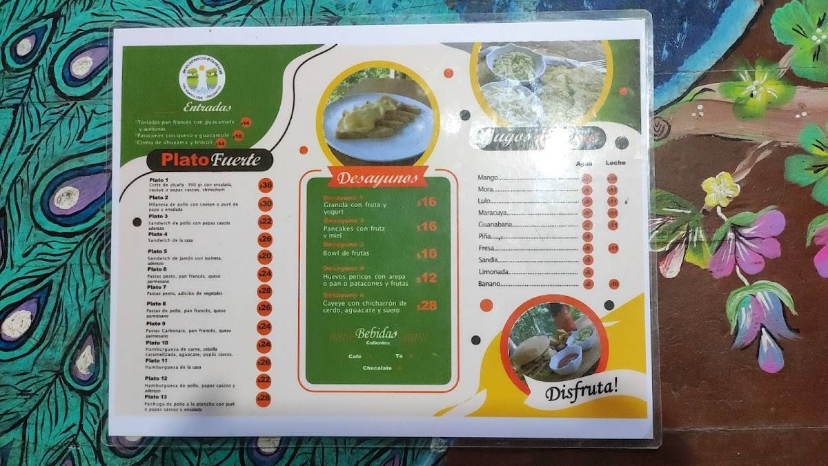 Menu at Cascada Escondida Minca restaurant, Minca