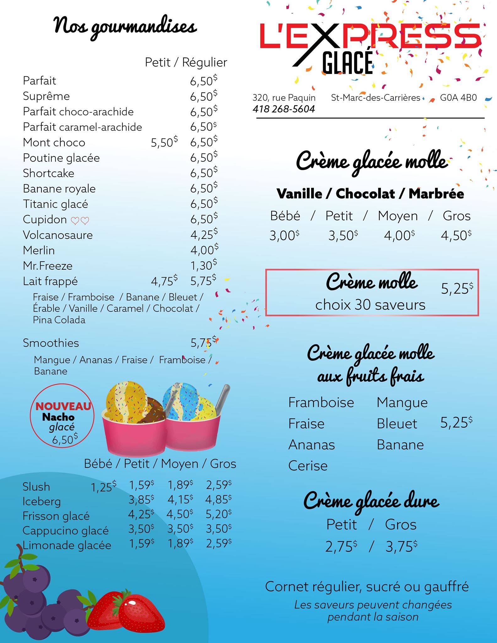 Menu au Casse-Croûte l'Express St-Marc pizzeria, Saint-Marc-des-Carrières