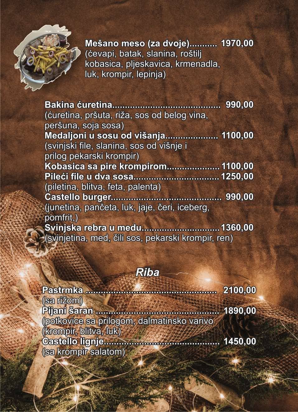 Menu at Castello Novi Sad restaurant, Novi Sad