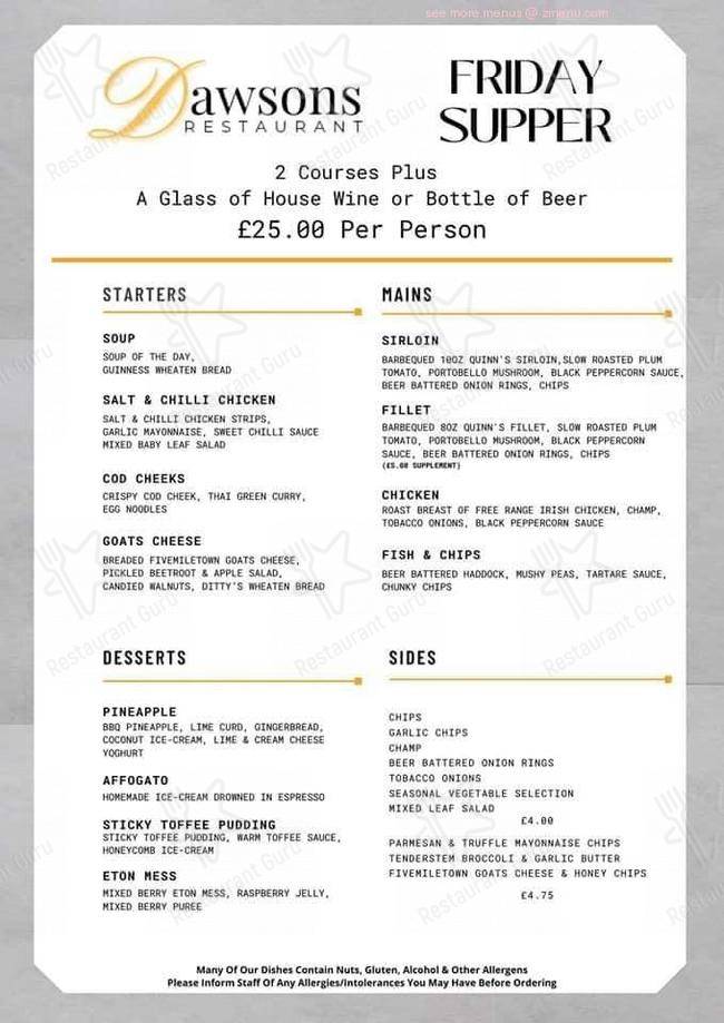 Menu at Dawsons Restaurant - Castledawson, Castledawson