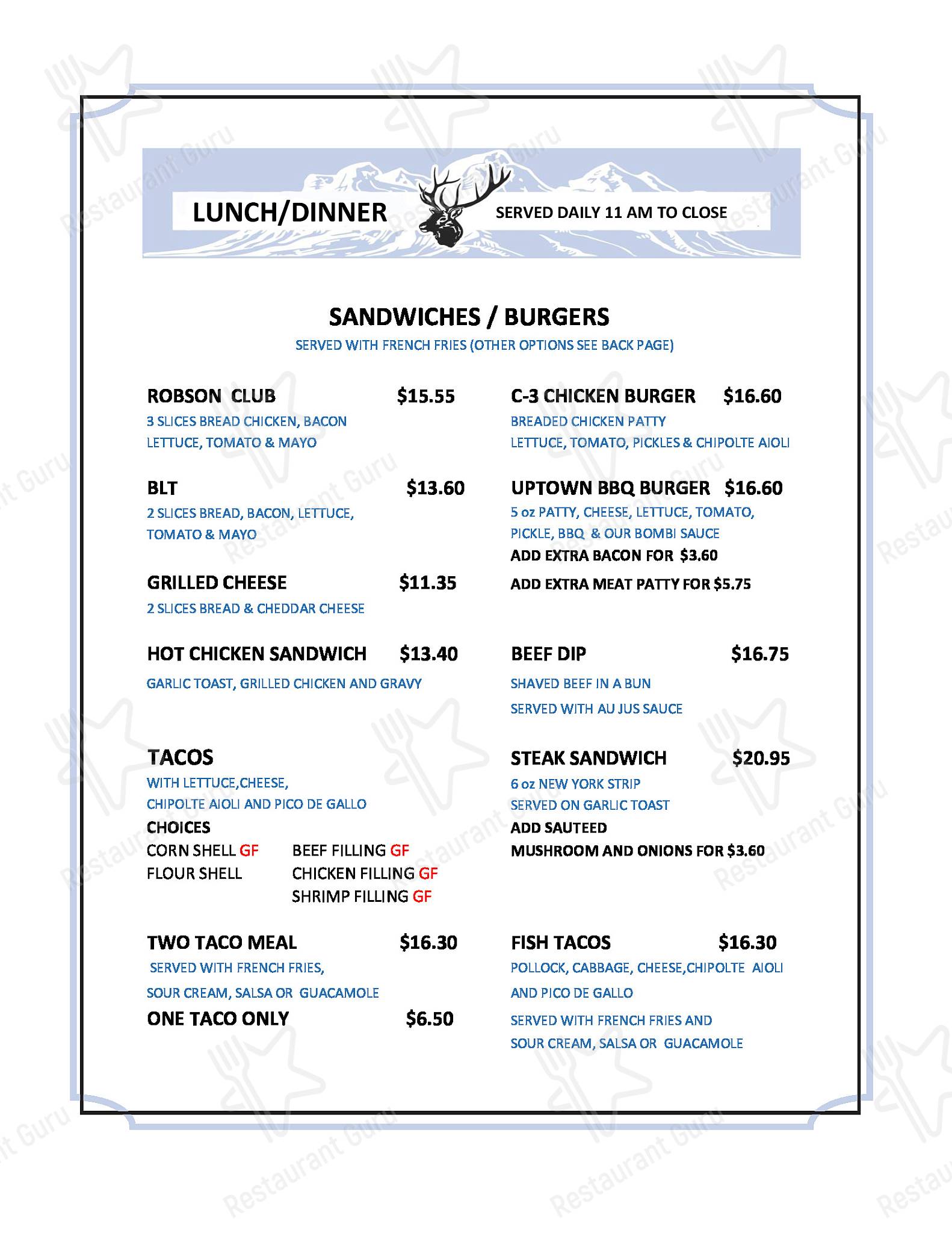 Menu at The Bombi Restaurant, Castlegar
