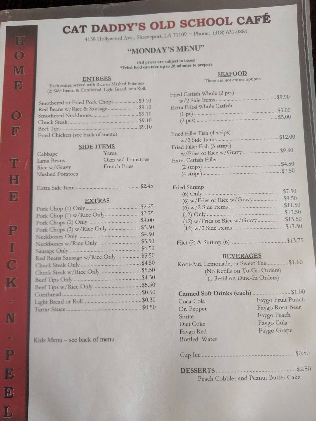 Menu at Cat Daddys Cafe, Shreveport, Hollywood Ave