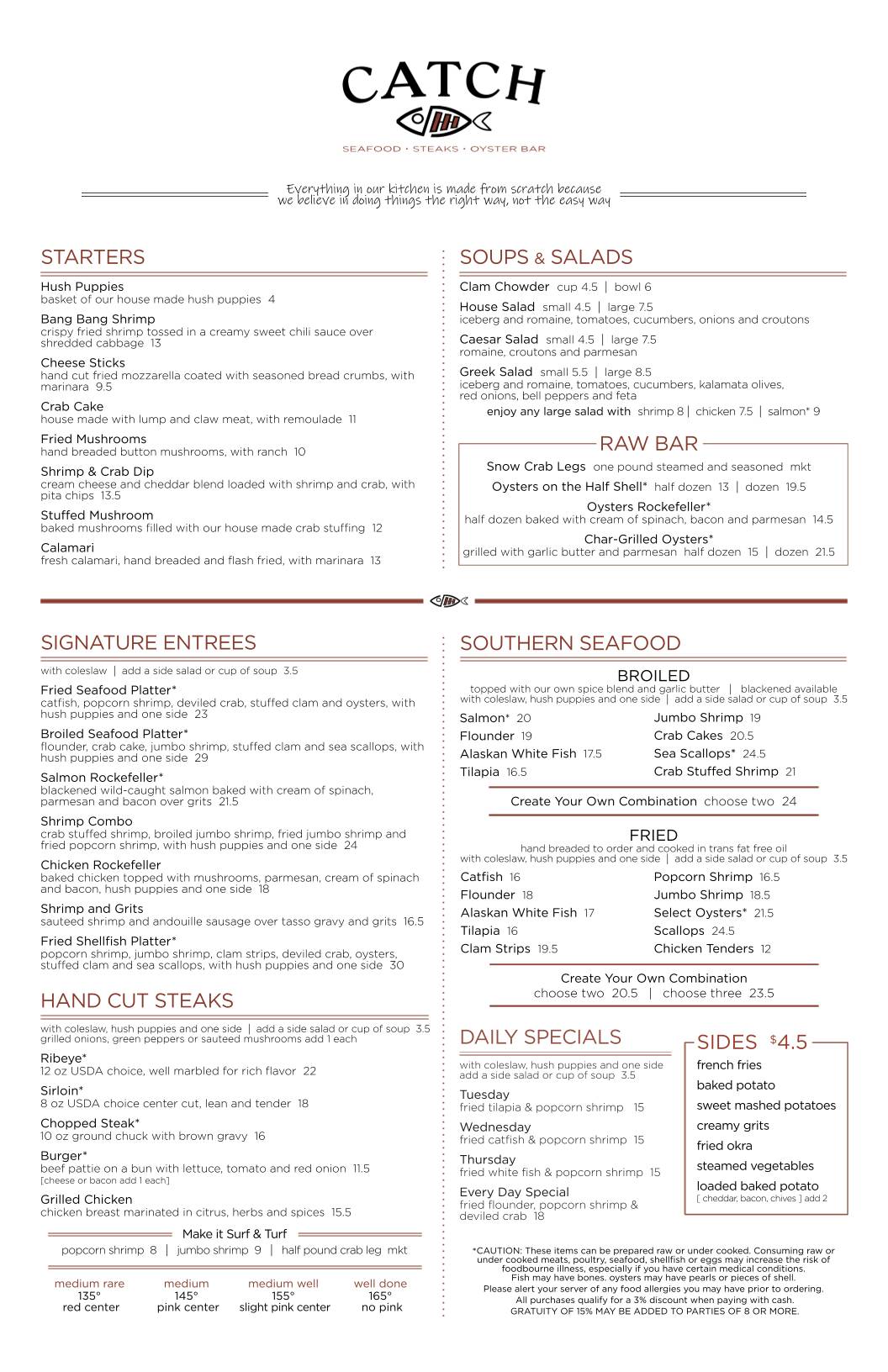 Menu at Catch Seafood steakhouse, Lexington