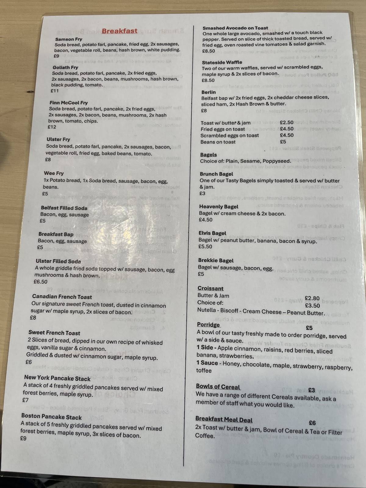 Menu at Causeway Cafe, Belfast