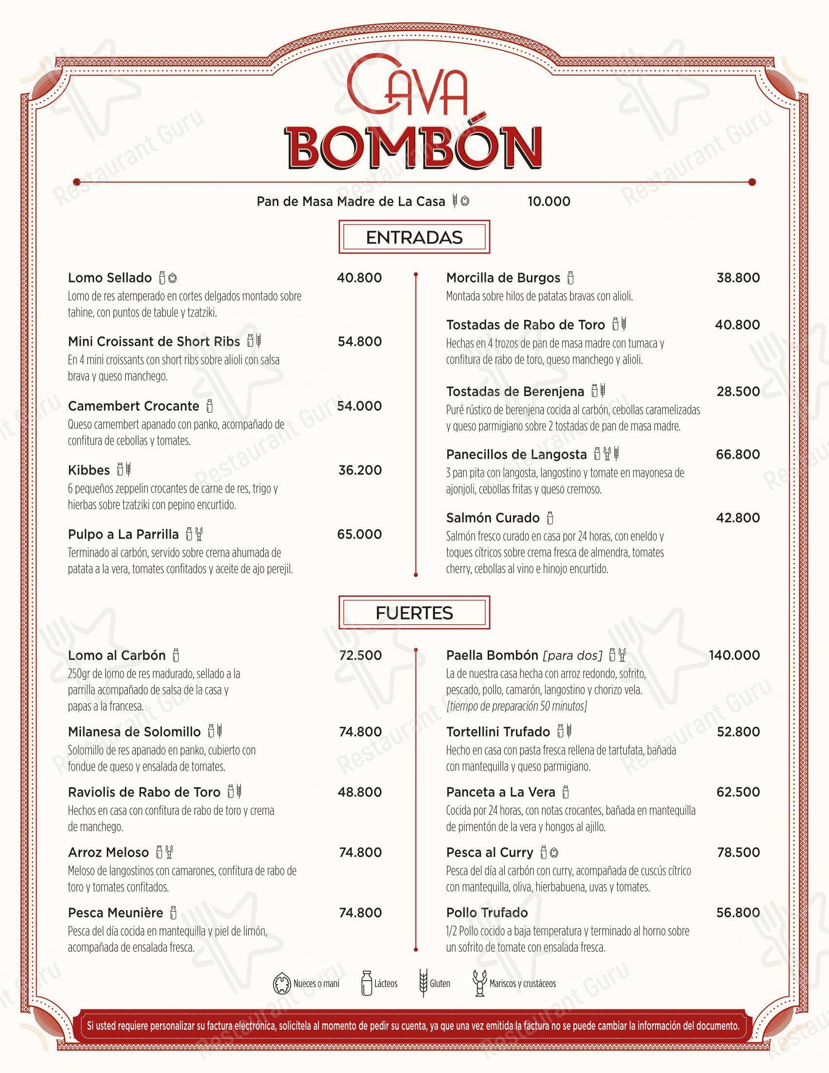 Menu at Cava Bombón restaurant, Bogotá