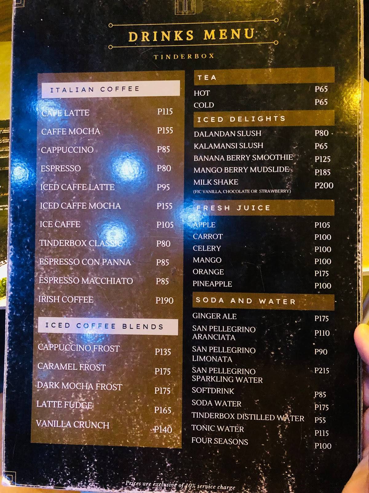 Menu at The Tinder Box pub & bar, Cebu City