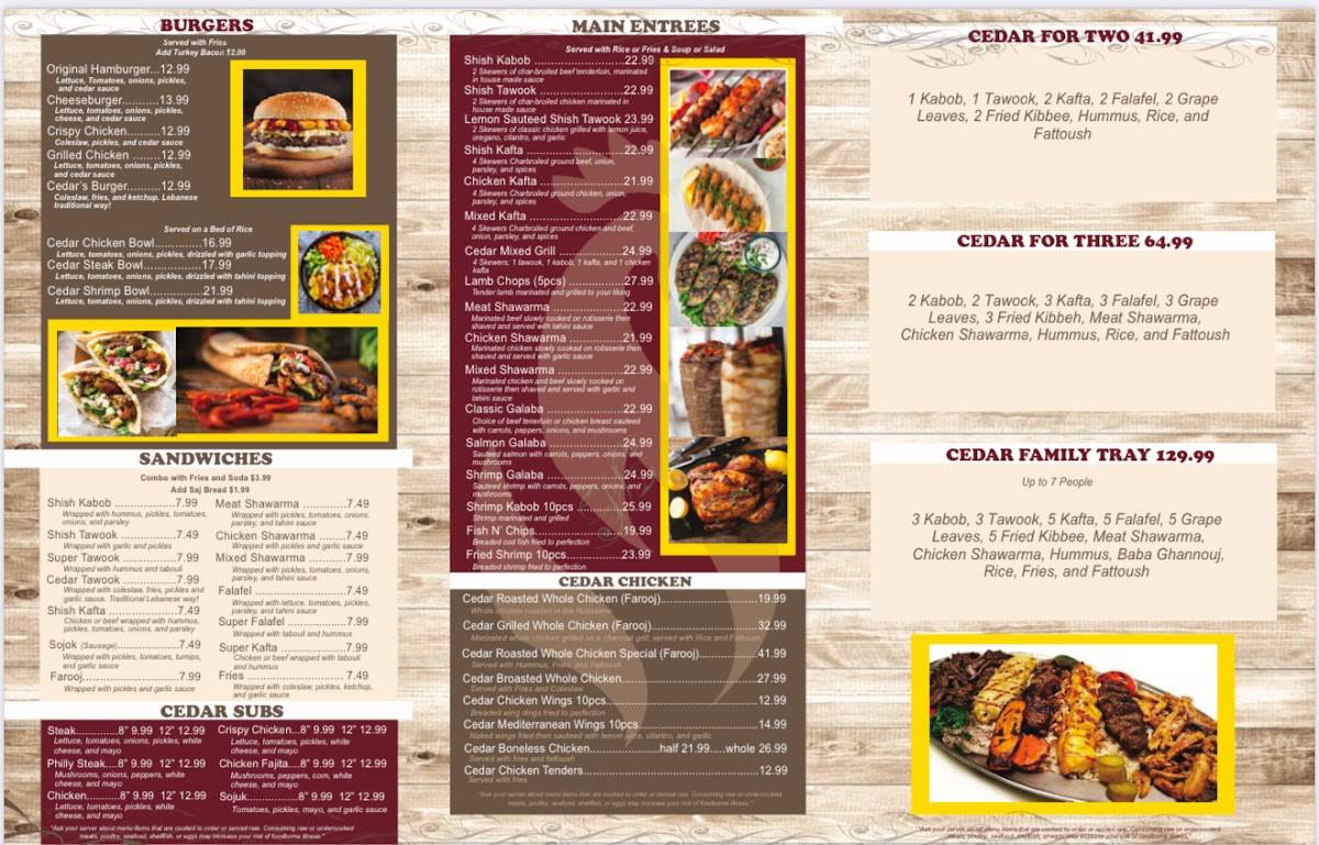 Menu at Cedar Chicken Restaurant, Dearborn Heights