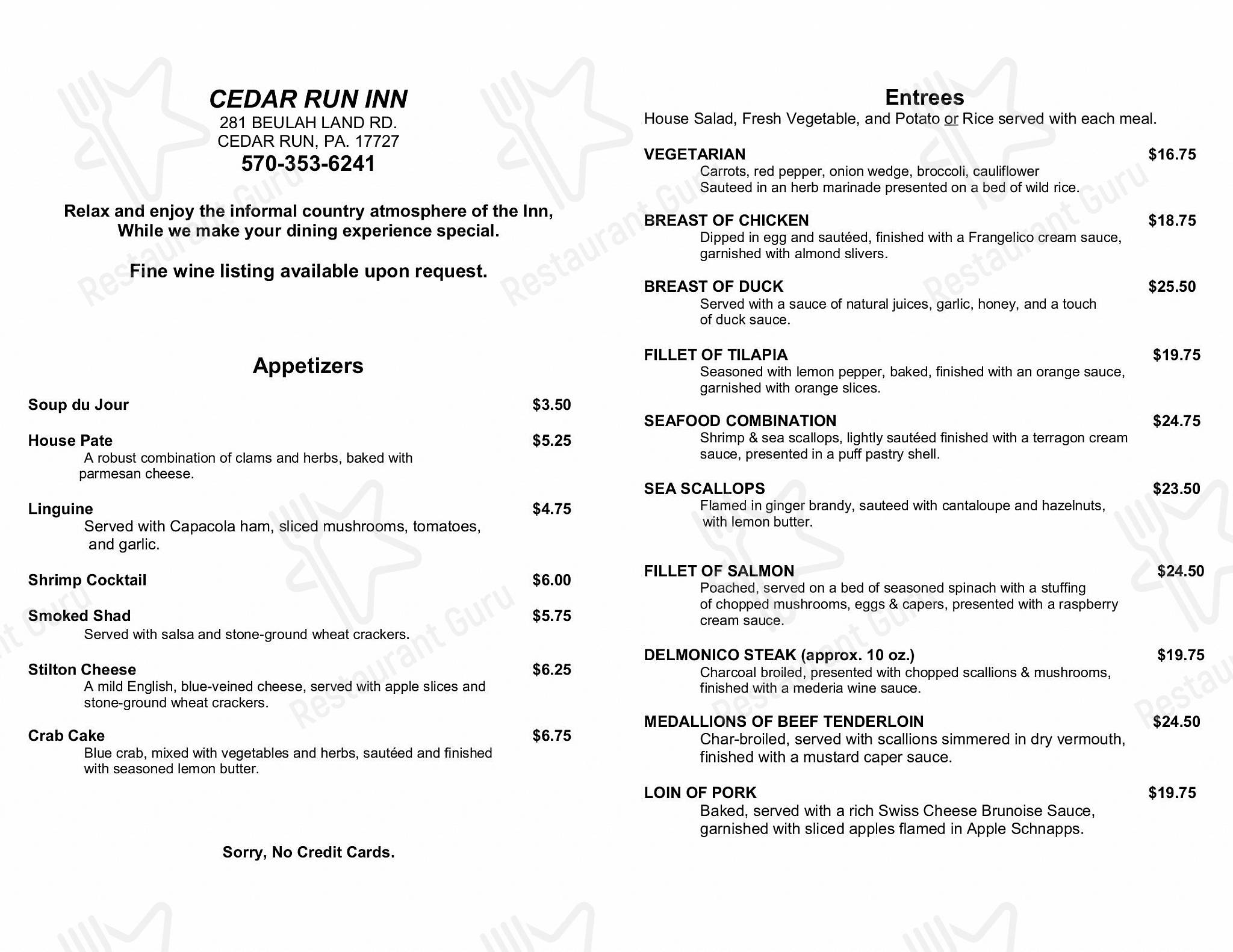 Menu at Cedar Run Inn restaurant, Cedar Run