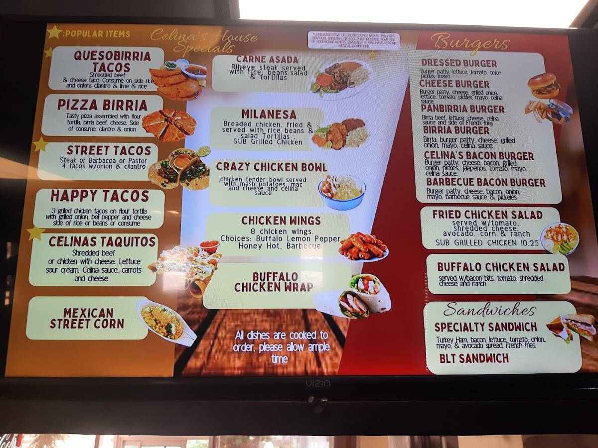 Menu at Celina's Diner restaurant, Columbia