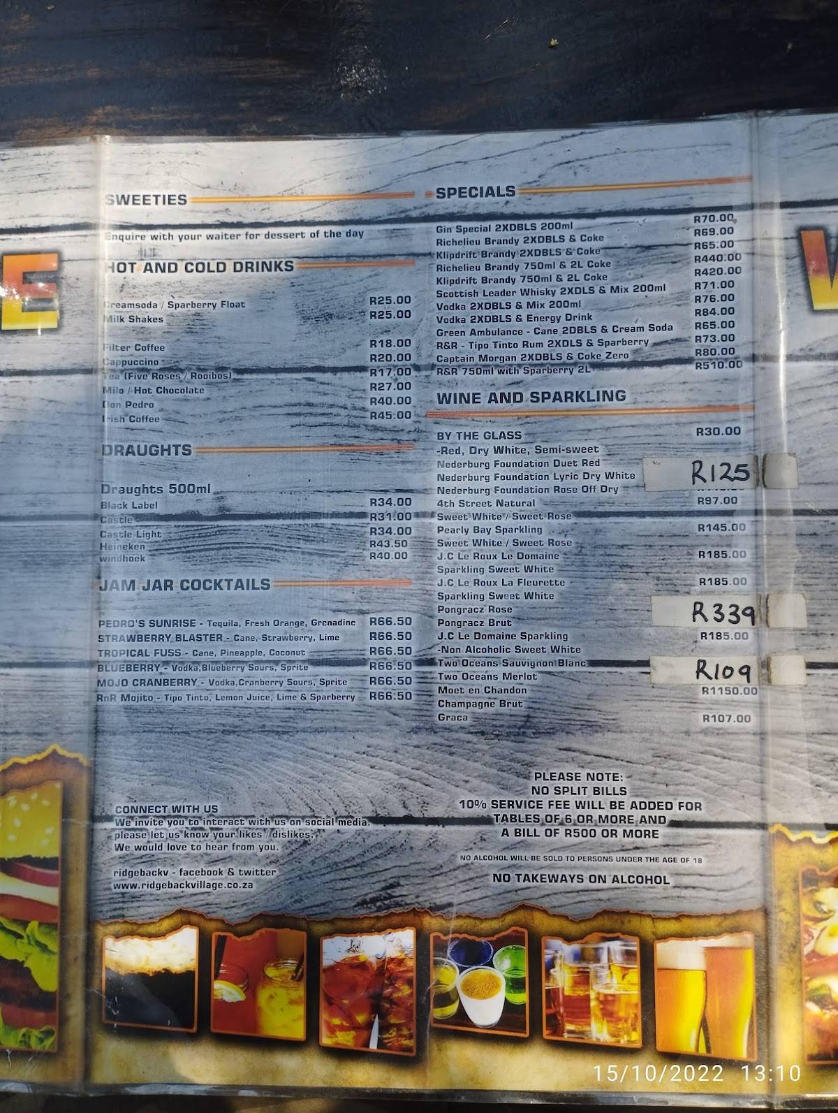 Menu at Ridgeback Village Restaurant, Pretoria, 129 South St