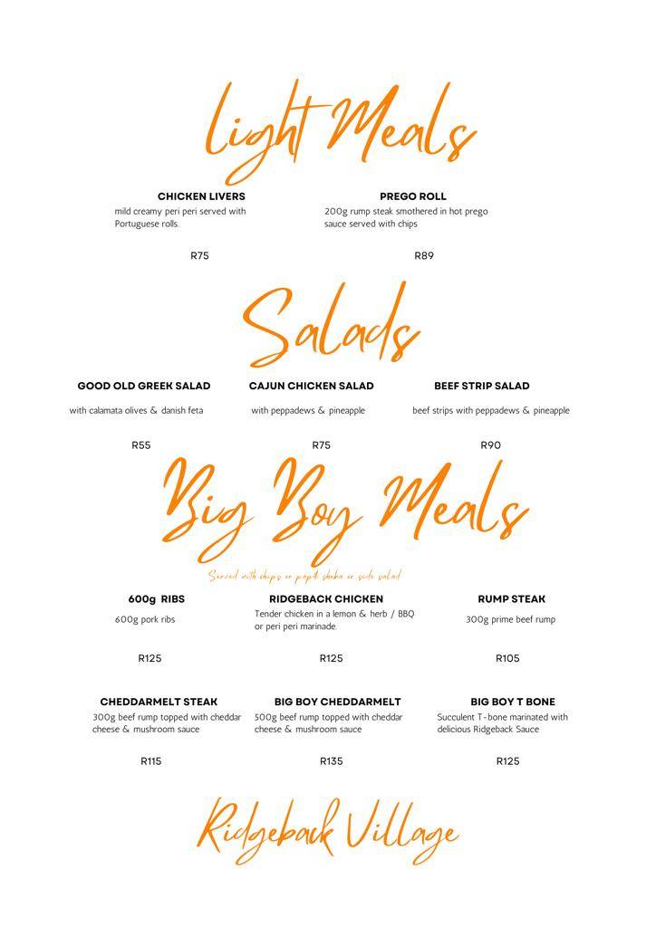 Menu at Ridgeback Village Restaurant, Pretoria, 129 South St