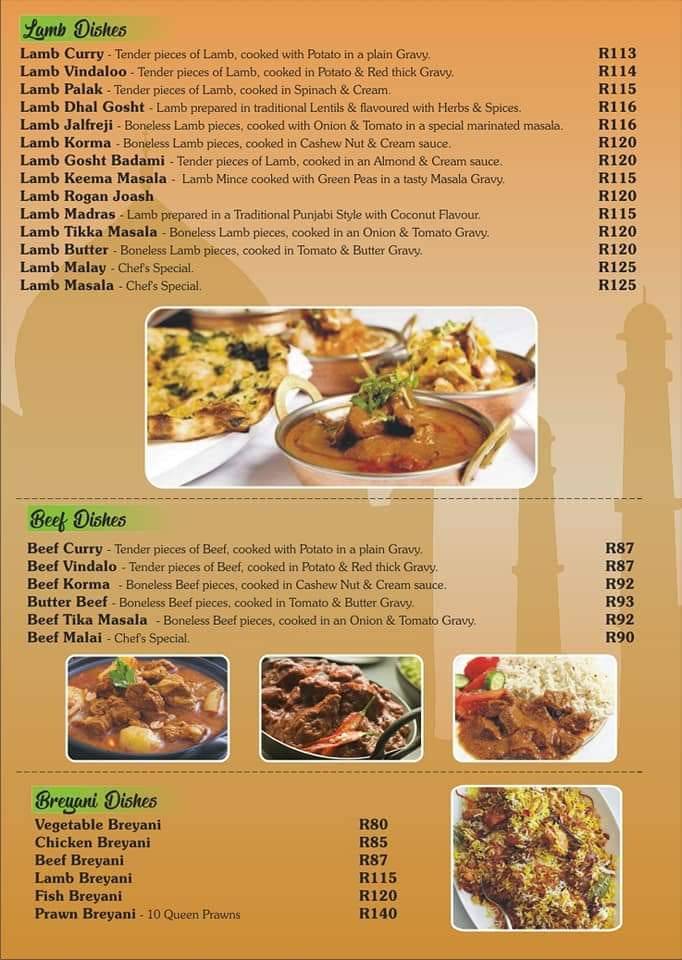 Menu at Taj Mahal restaurant, Centurion, 225 Jean Ave