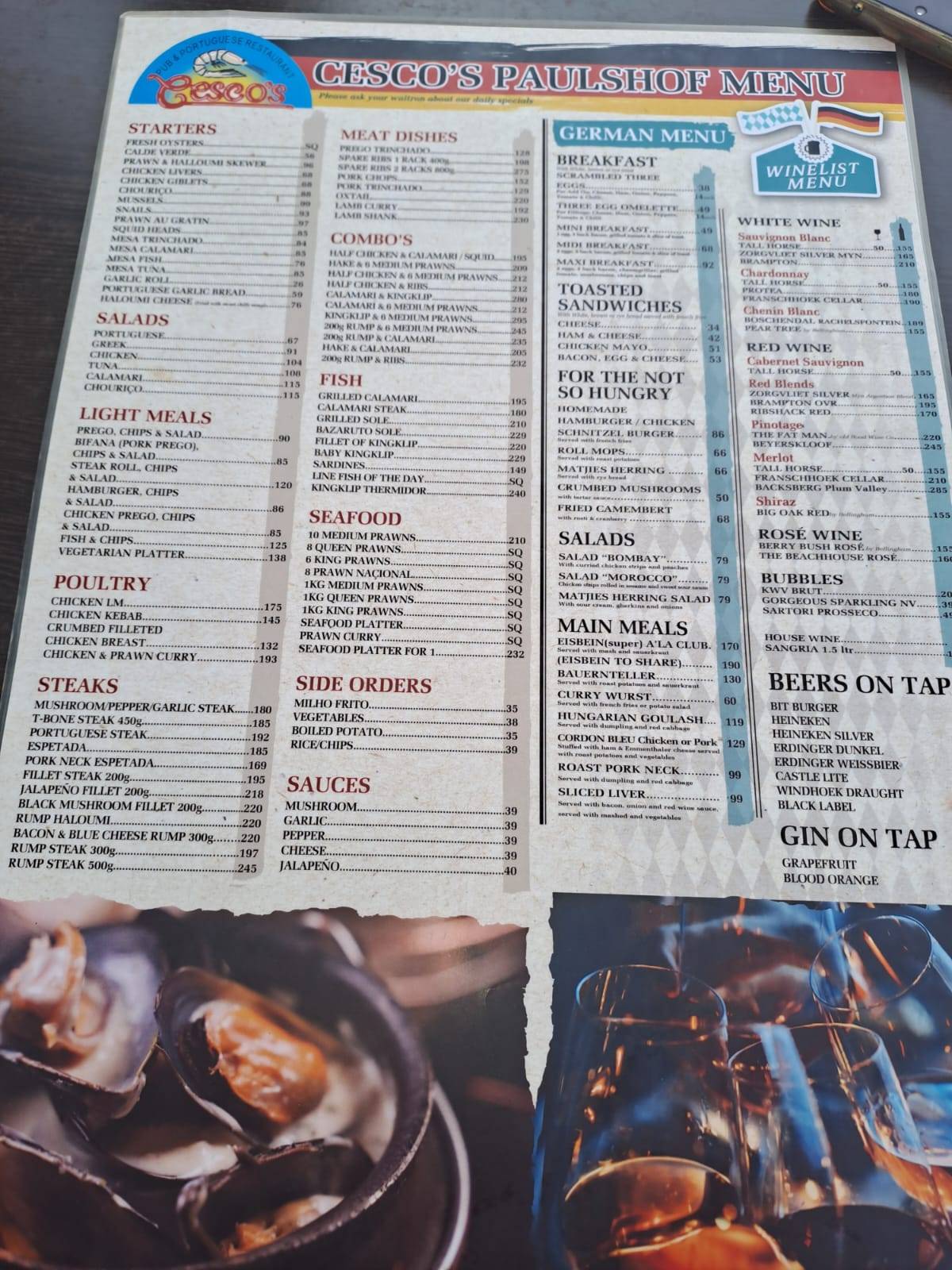 Menu at Cesco’s Paulshof restaurant, Randburg