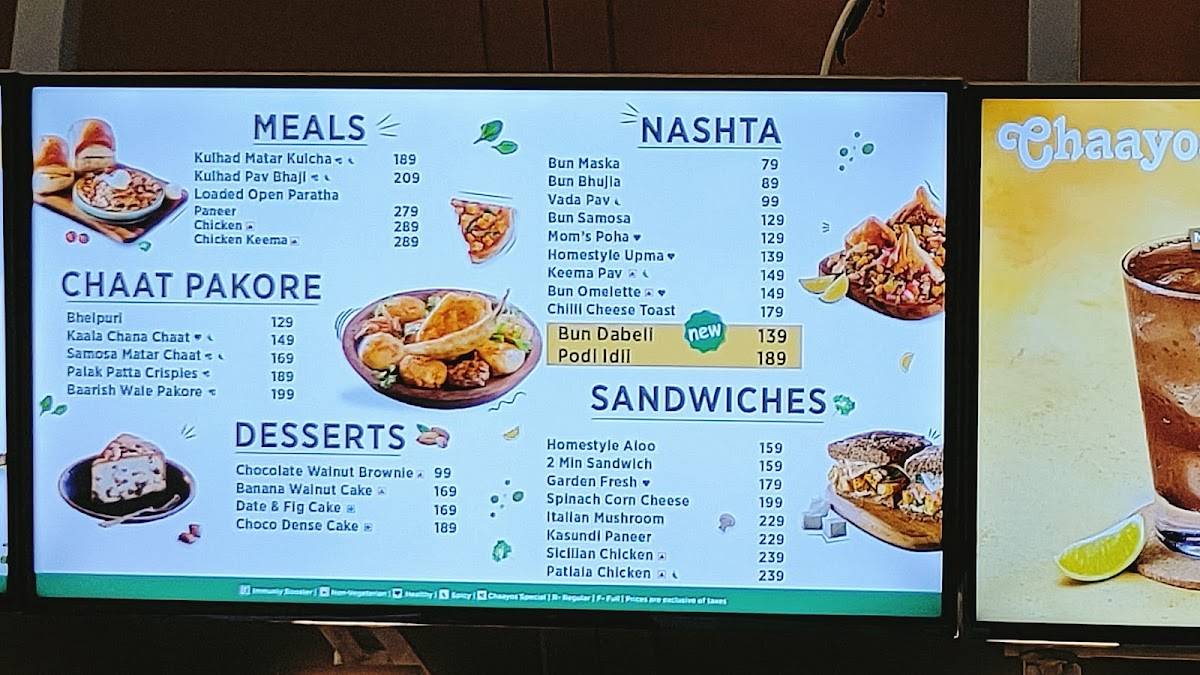 Menu at Chaayos Cafe at Lulu Mall, Bengaluru