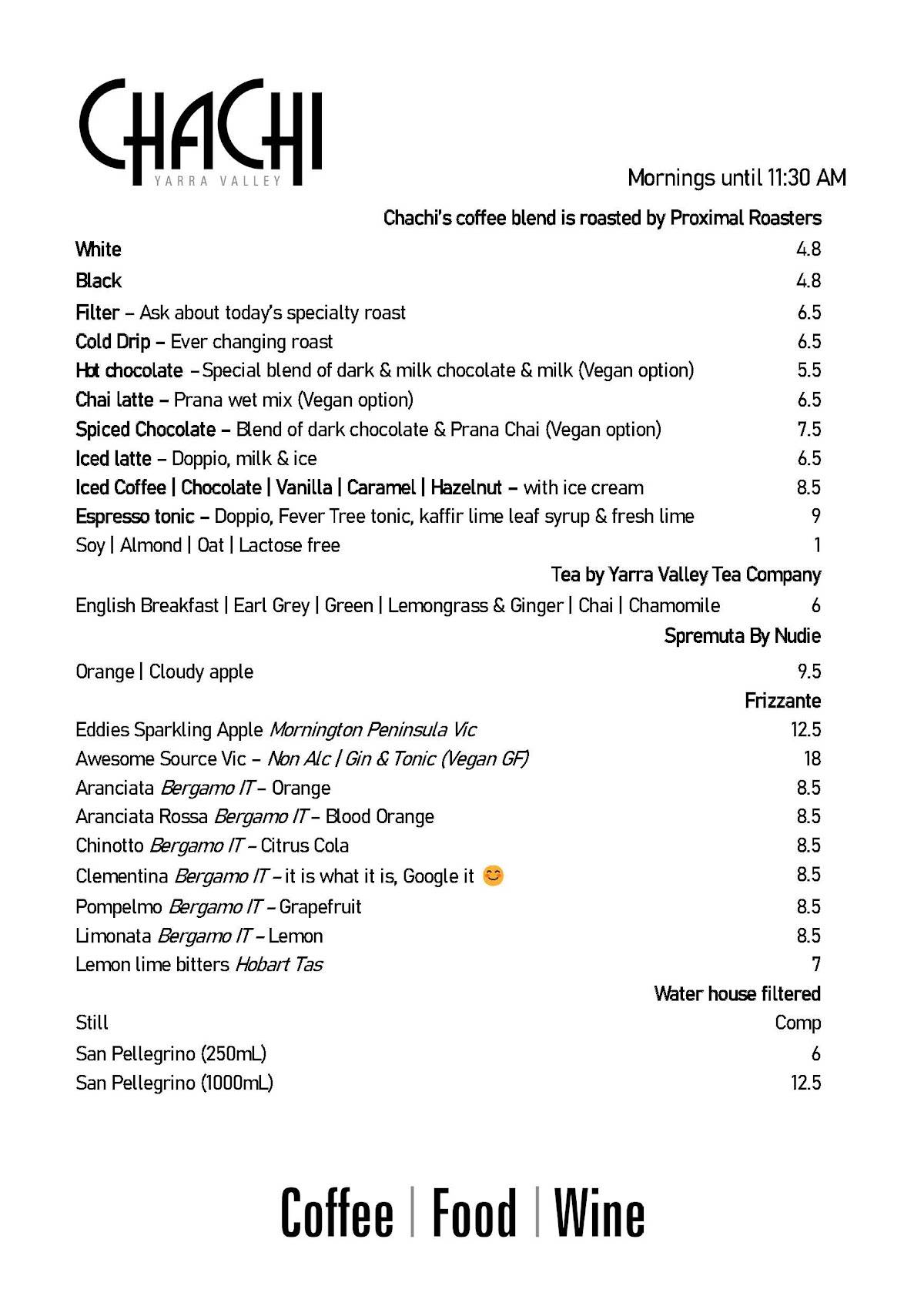 Menu at Chachi Yarra Valley restaurant, Healesville