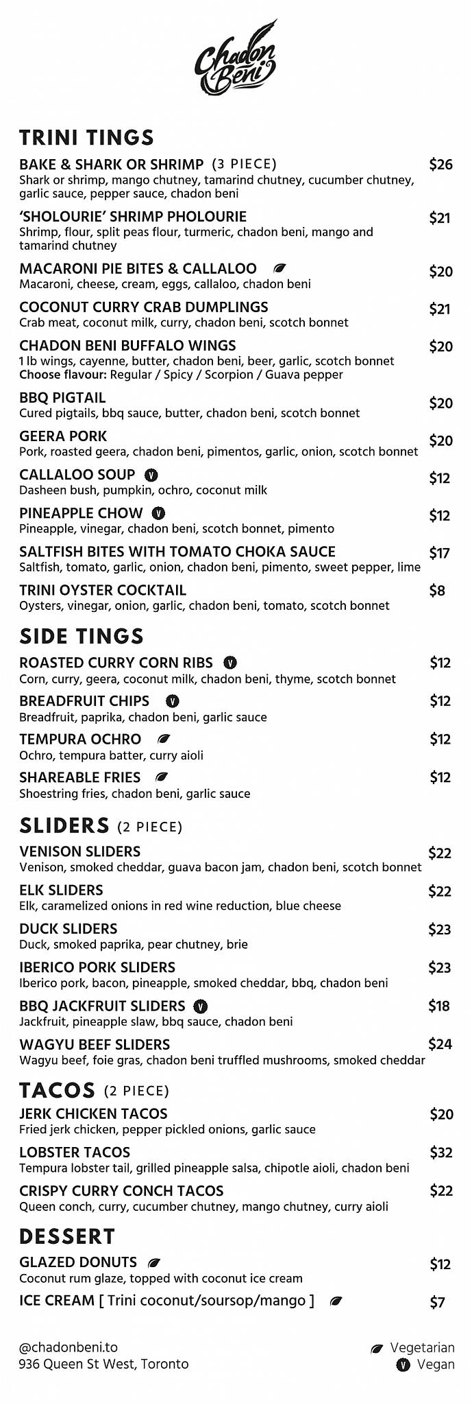 Menu at Chadon Beni pub & bar, Toronto