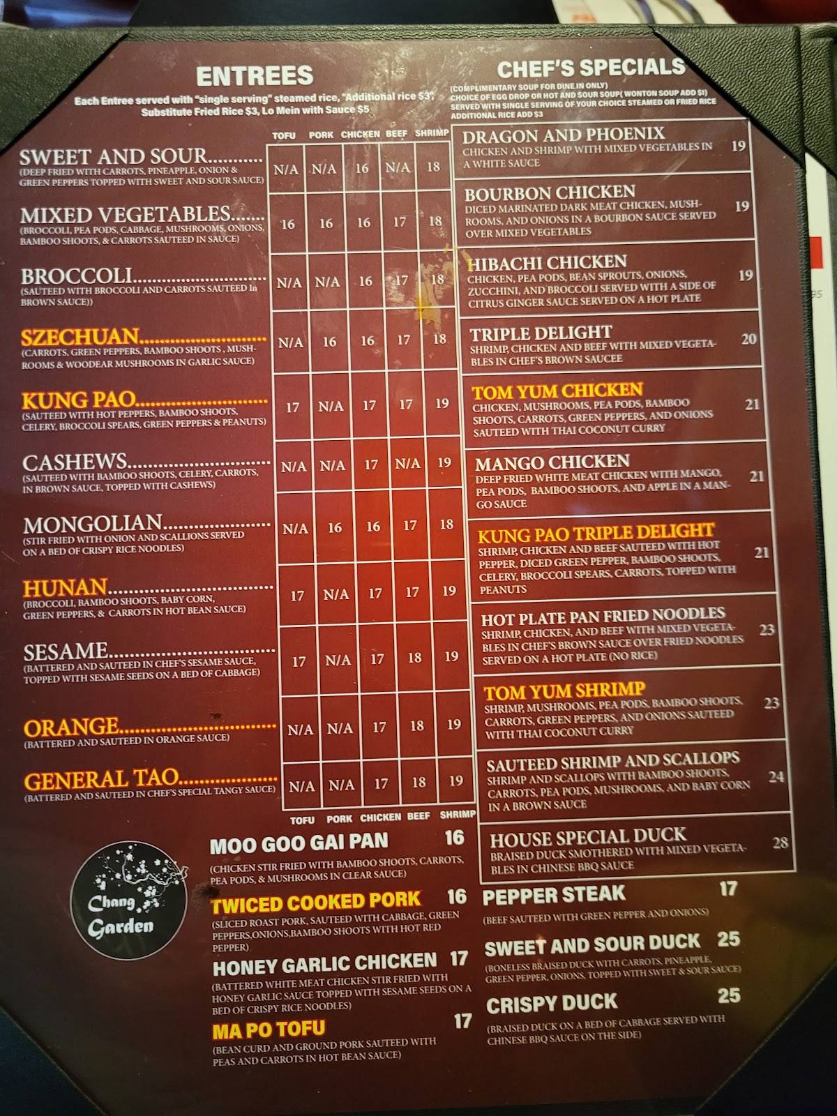 Menu at Chang Garden restaurant, Weston