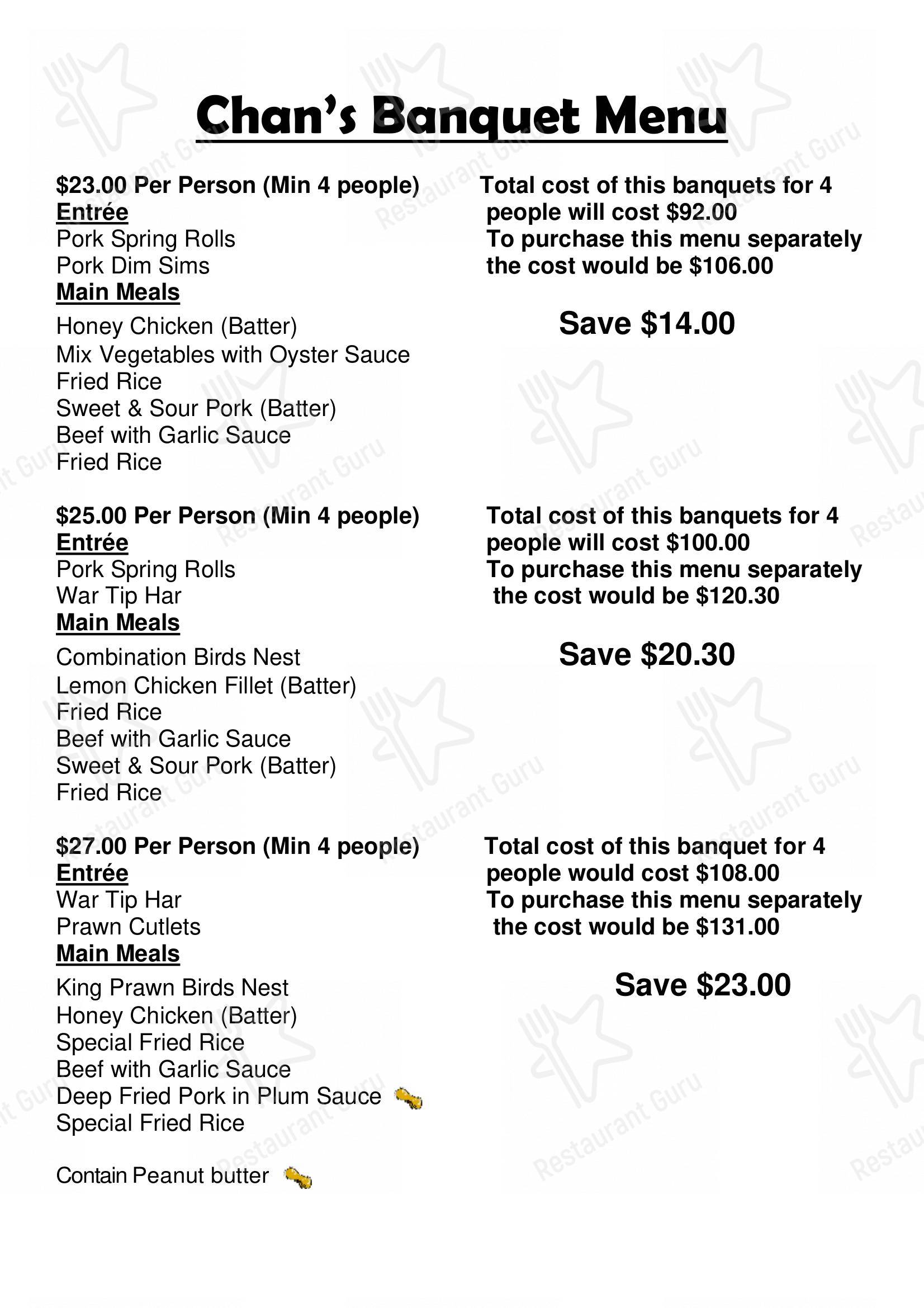 Menu at Chan's Chinese Restaurant Mylestom, Mylestom