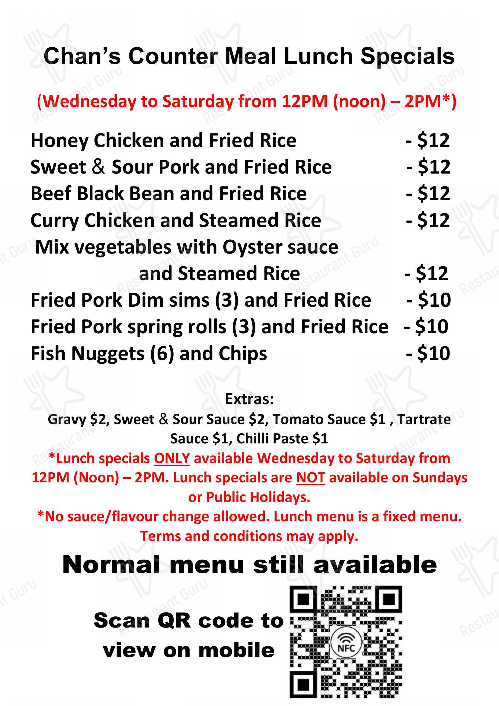Menu at Chan's Chinese Restaurant Mylestom, Mylestom