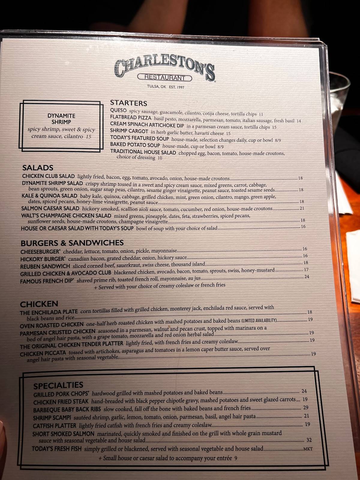 Menu at Charleston's Restaurant, Tulsa, S Yale Ave