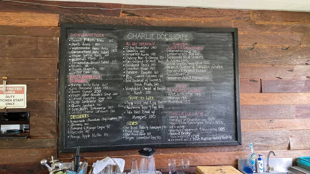 Menu at Charlie Does cafe, Baler