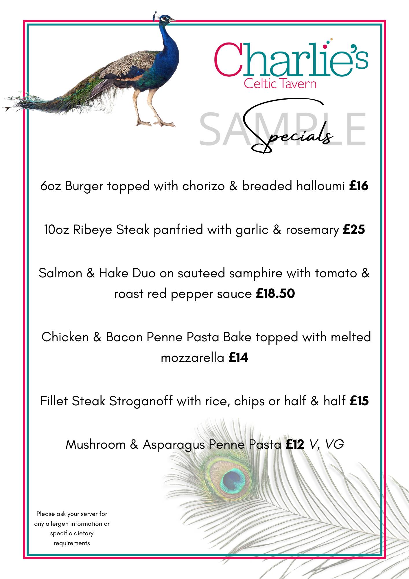 Menu at Charlie's Celtic Tavern restaurant, Narberth