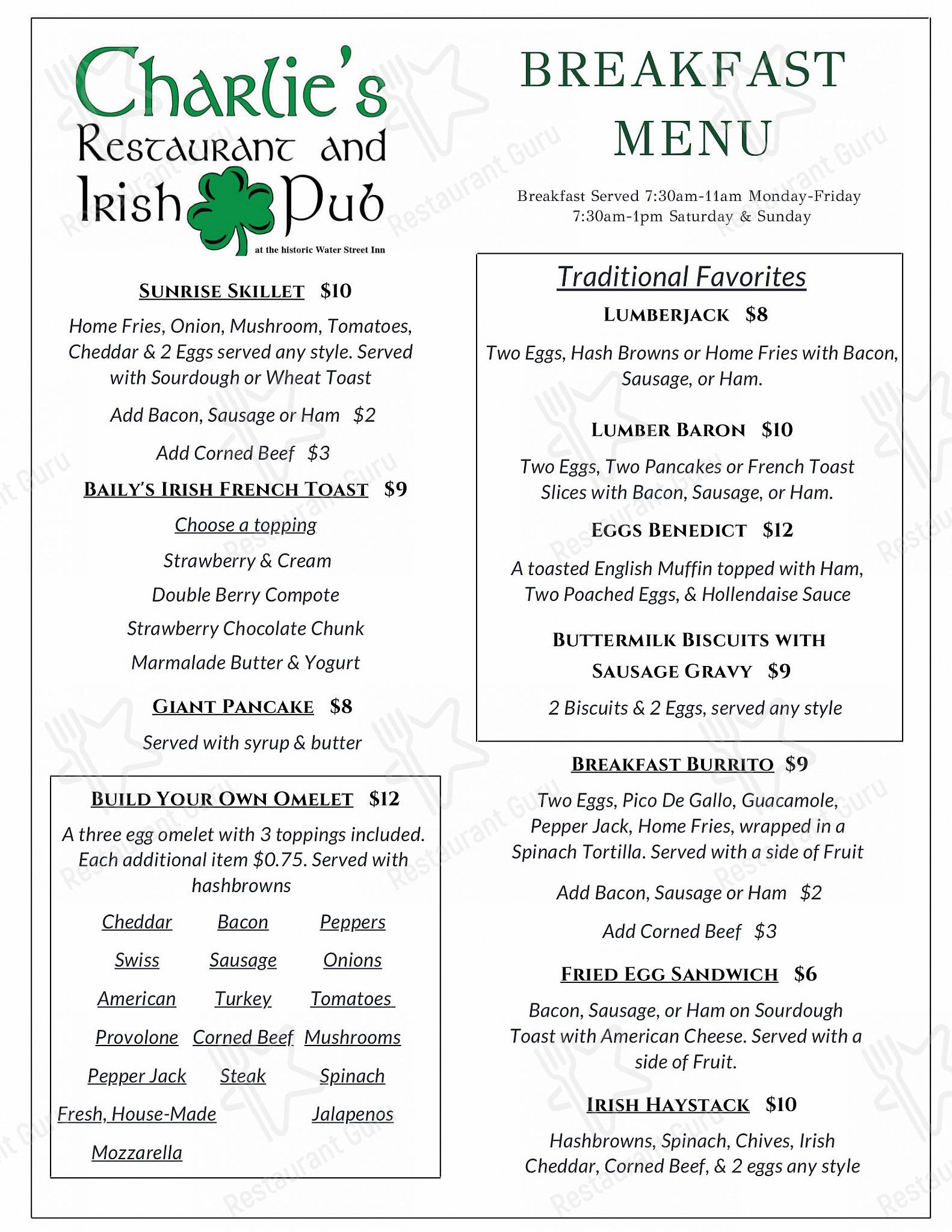Menu at Charlie's Restaurant, East Orange