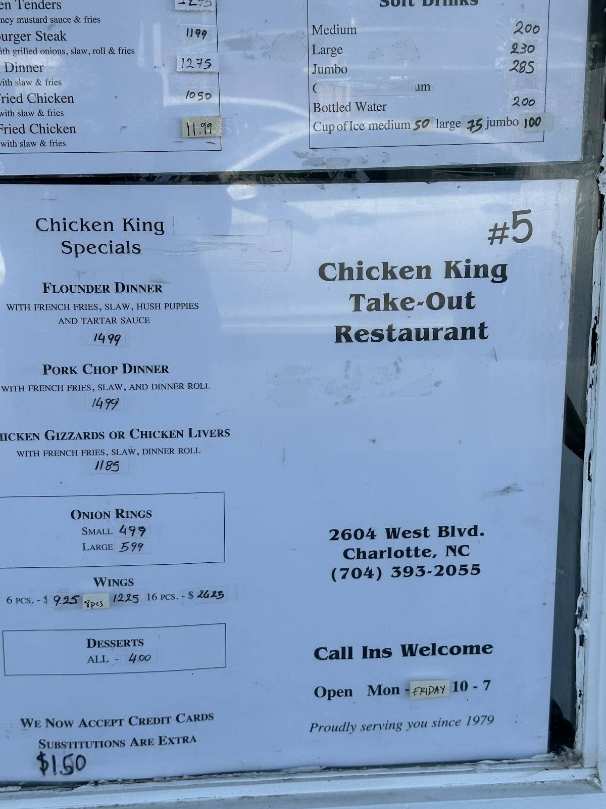 Menu at Chicken King restaurant, Charlotte, West Blvd