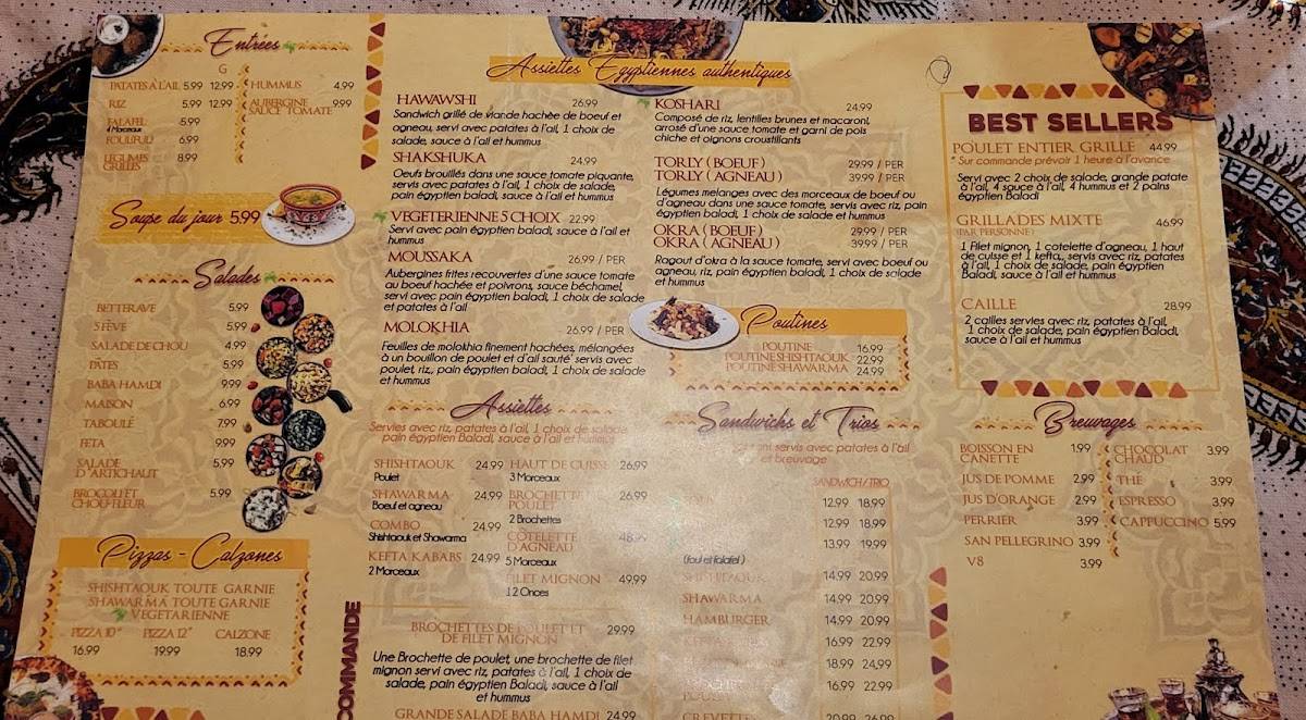 Menu au Baba Hamdi cuisine égyptienne restaurant, Châteauguay