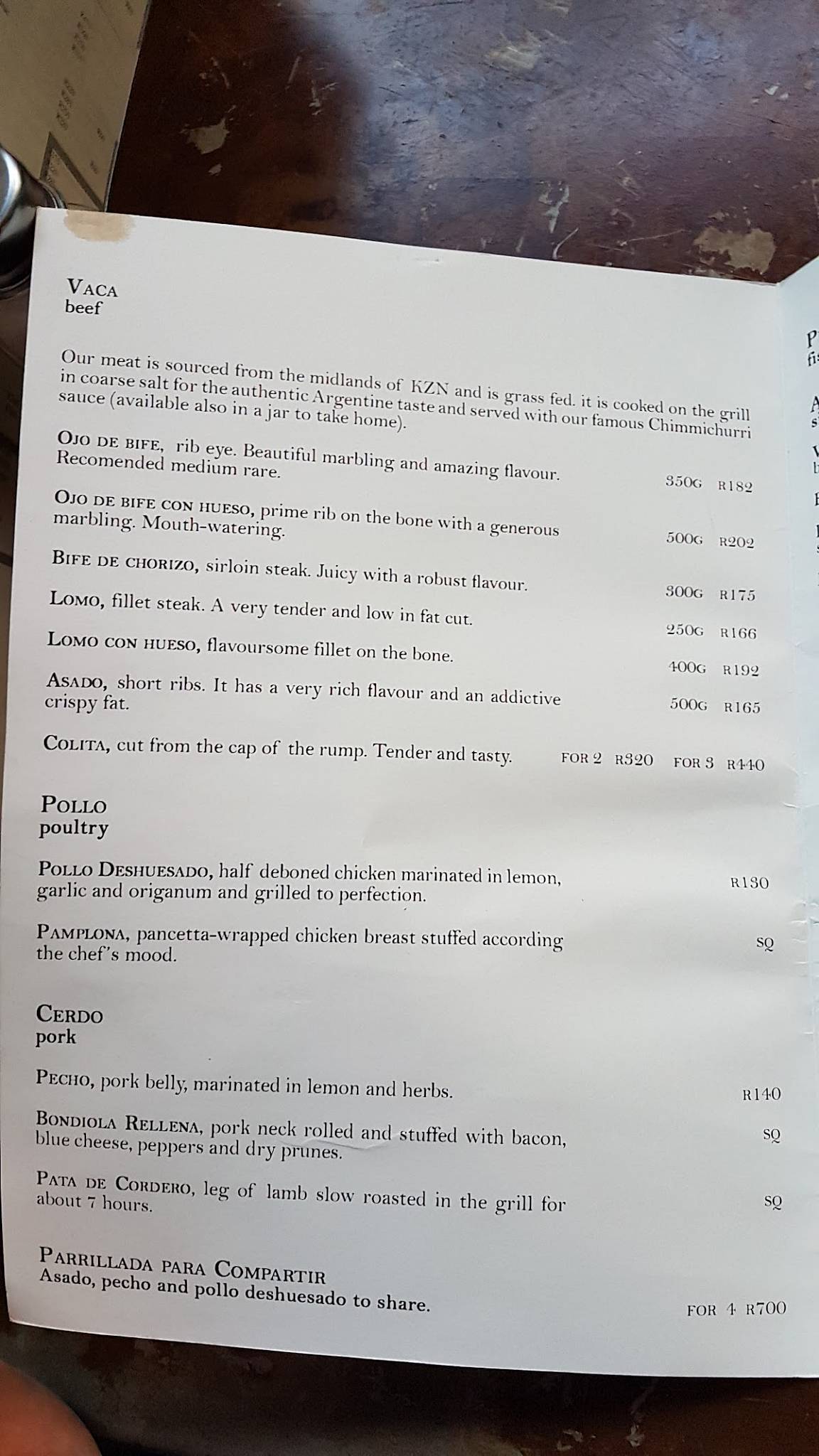 Menu at Che Argentine Grill restaurant, Johannesburg