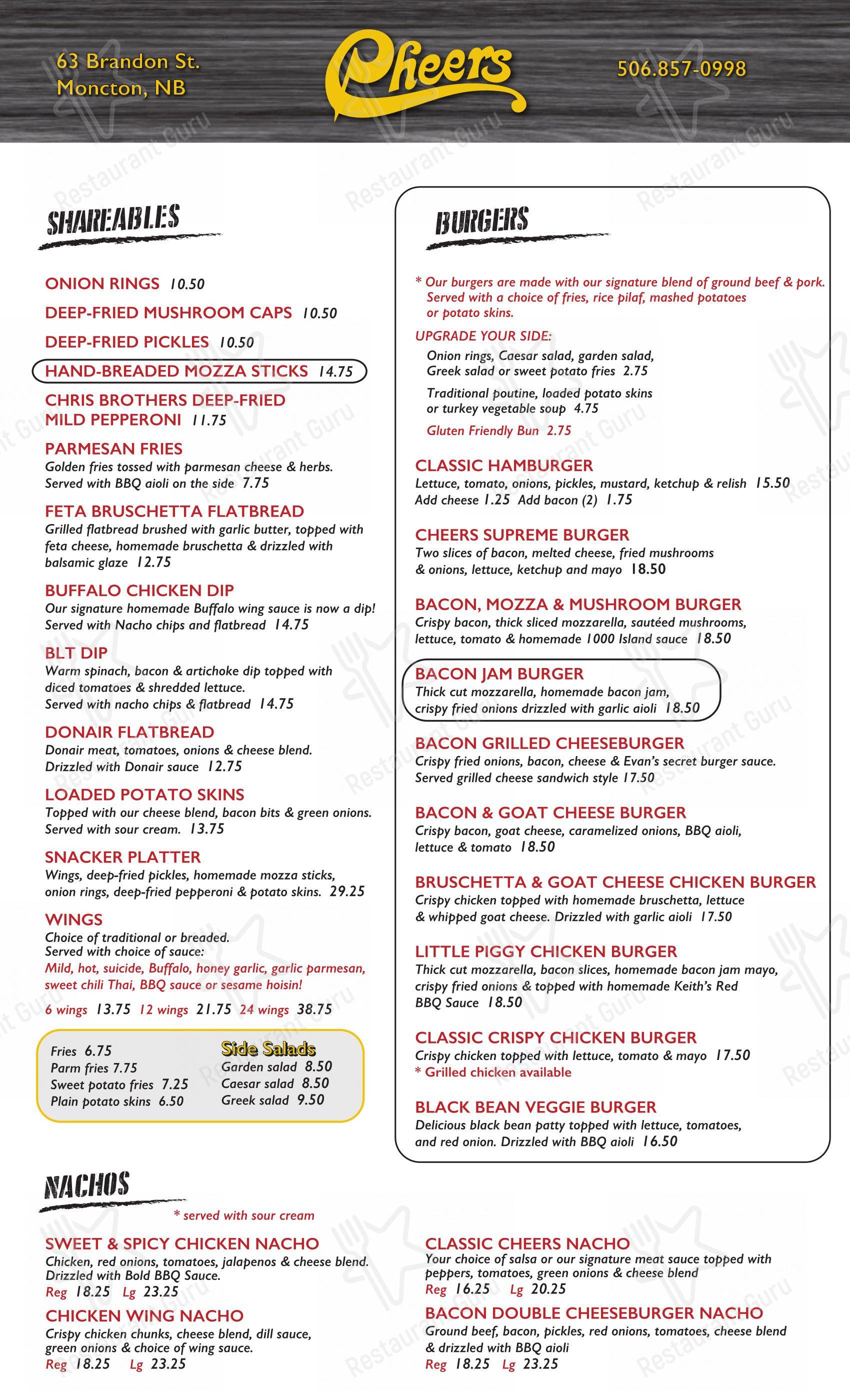 Menu at Cheers Beverage Room & Catering pub & bar, Moncton