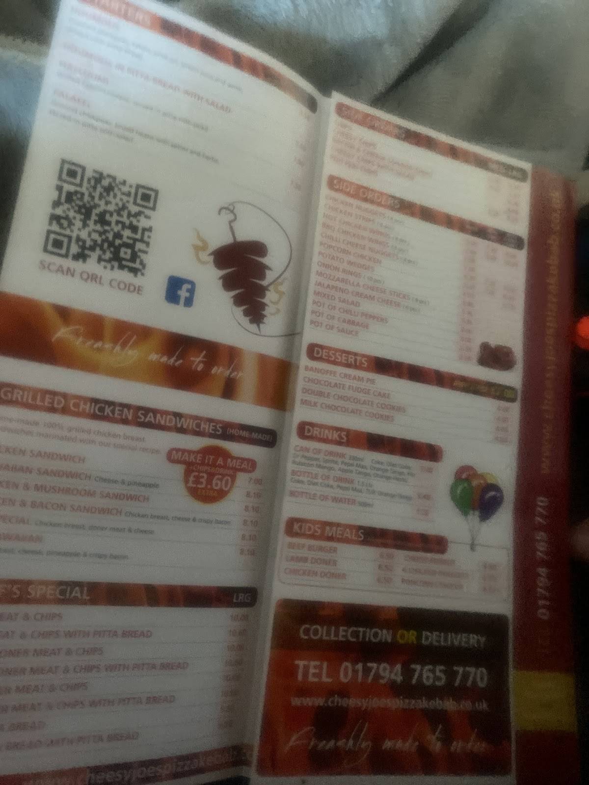 Menu at Cheesy Joe's, Romsey