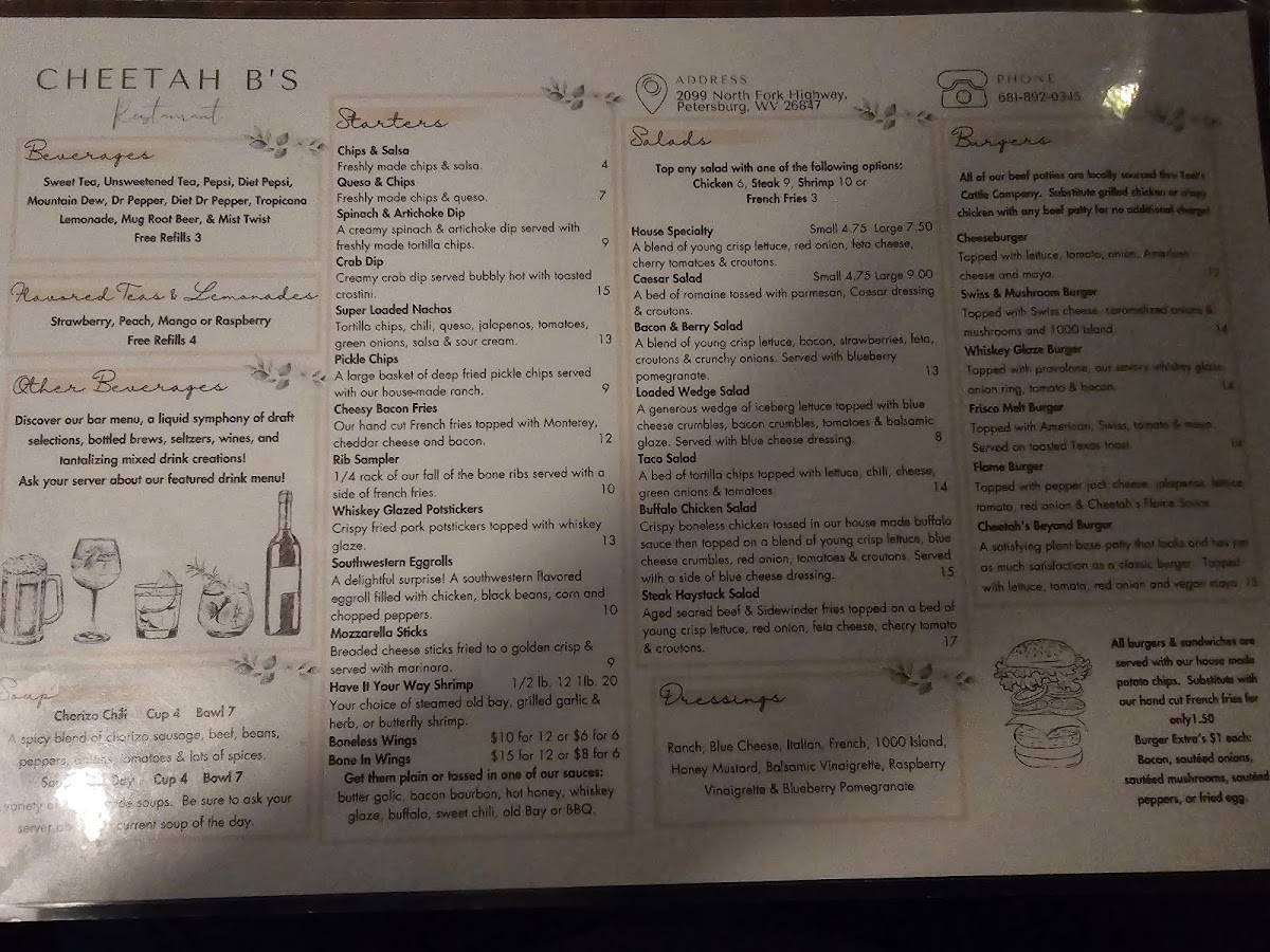 Menu at Cheetah B's pub & bar, Petersburg