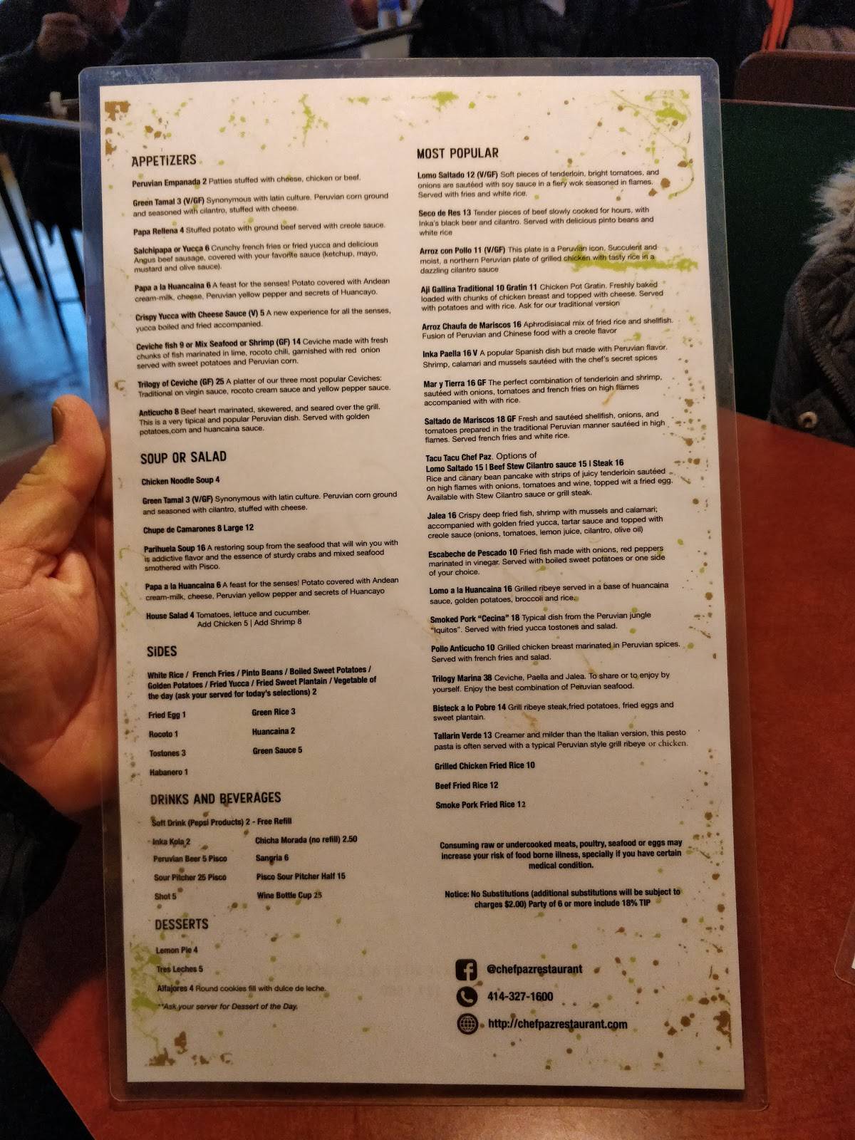 Menu at Chef Paz Restaurant, West Allis