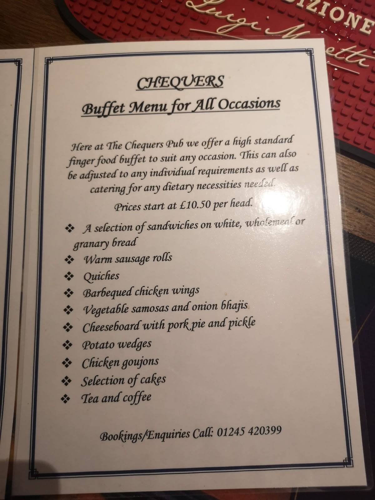 Menu at The Chequers pub & bar, Chelmsford