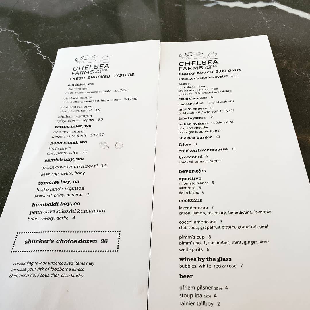 Menu at Chelsea Farms Oyster Bar, Olympia