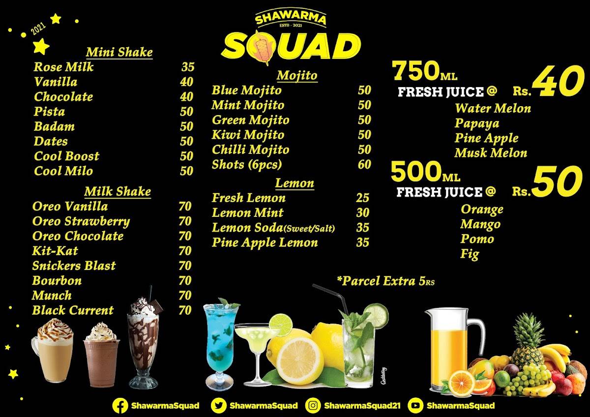 Menu at Shawarma squad, Chennai, Razaak Garden main road