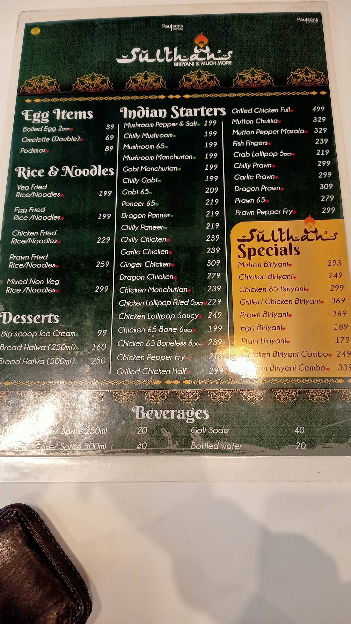 Menu at Sulthan's Biriyani, Ashok Nagar, Chennai