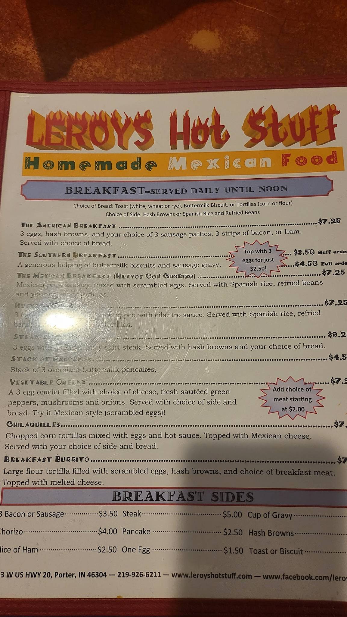 Menu at Leroy's "Hot Stuff" pub & bar, Porter