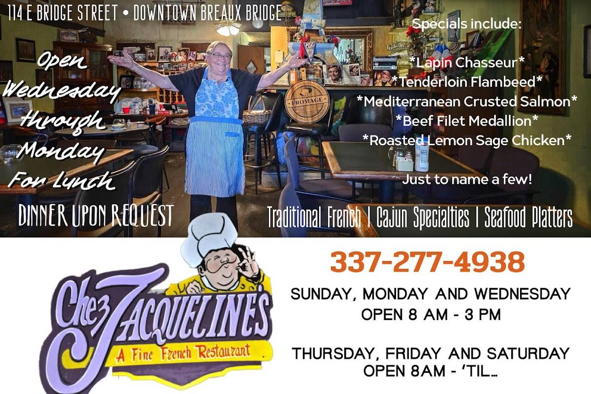 Menu at Chez Jacqueline restaurant, Breaux Bridge